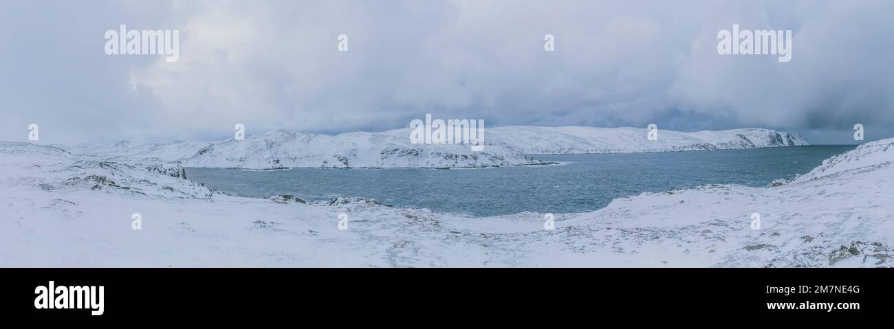 Snowy winter landscape on with view of North Cape in Norway, panoramic ...