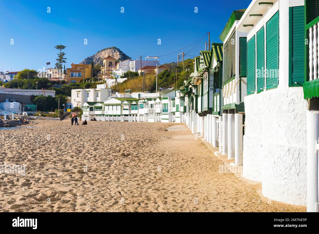 Prespective view of the fishermen's huts with the town of Garraf in the ...