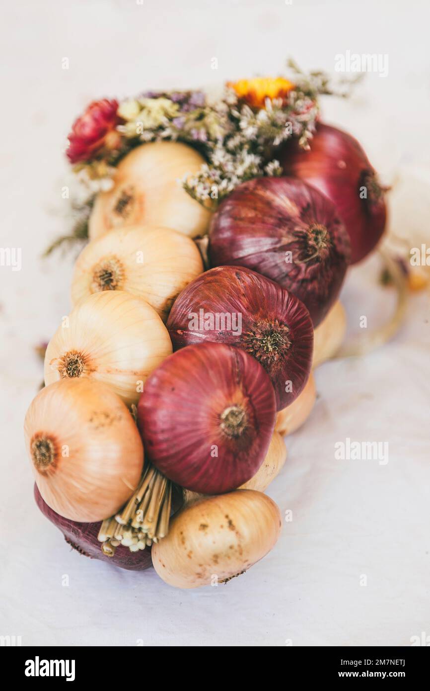 Detail photo of an onion plait, traditional Zibelemärit, onion market ...