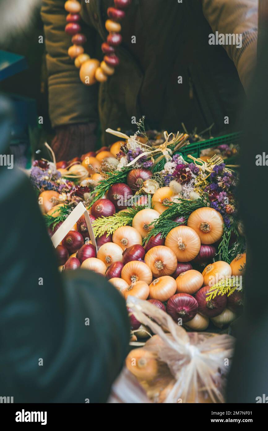 People at traditional Zibelemärit, onion market in Bern, Switzerland ...