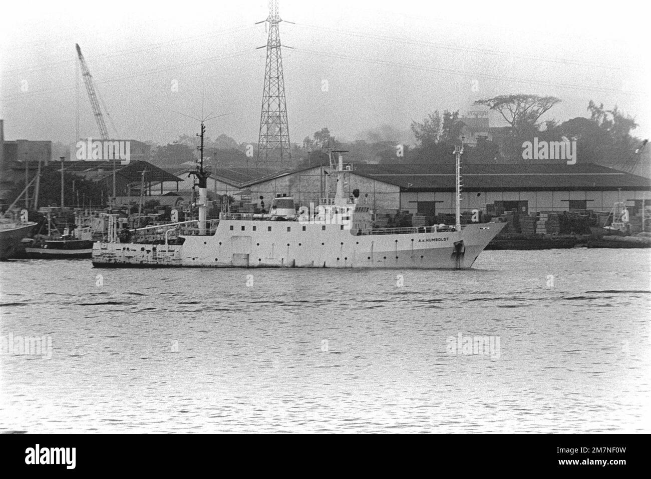 A starboard beam view of a Soviet trawler in port during exercise ...