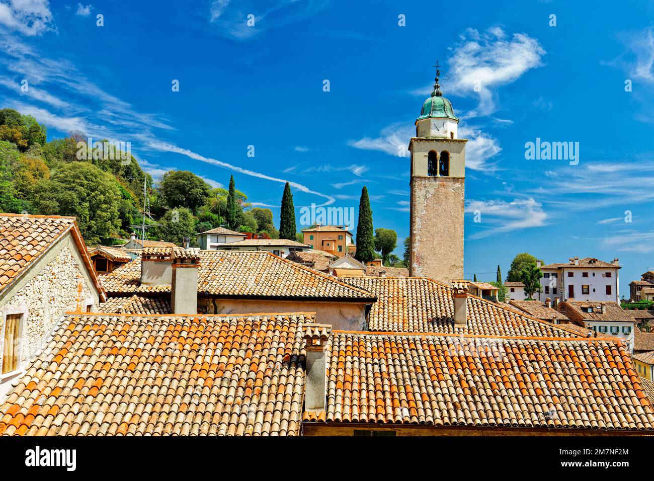 View over house roofs of the northern Italian town of Asolo. The ...