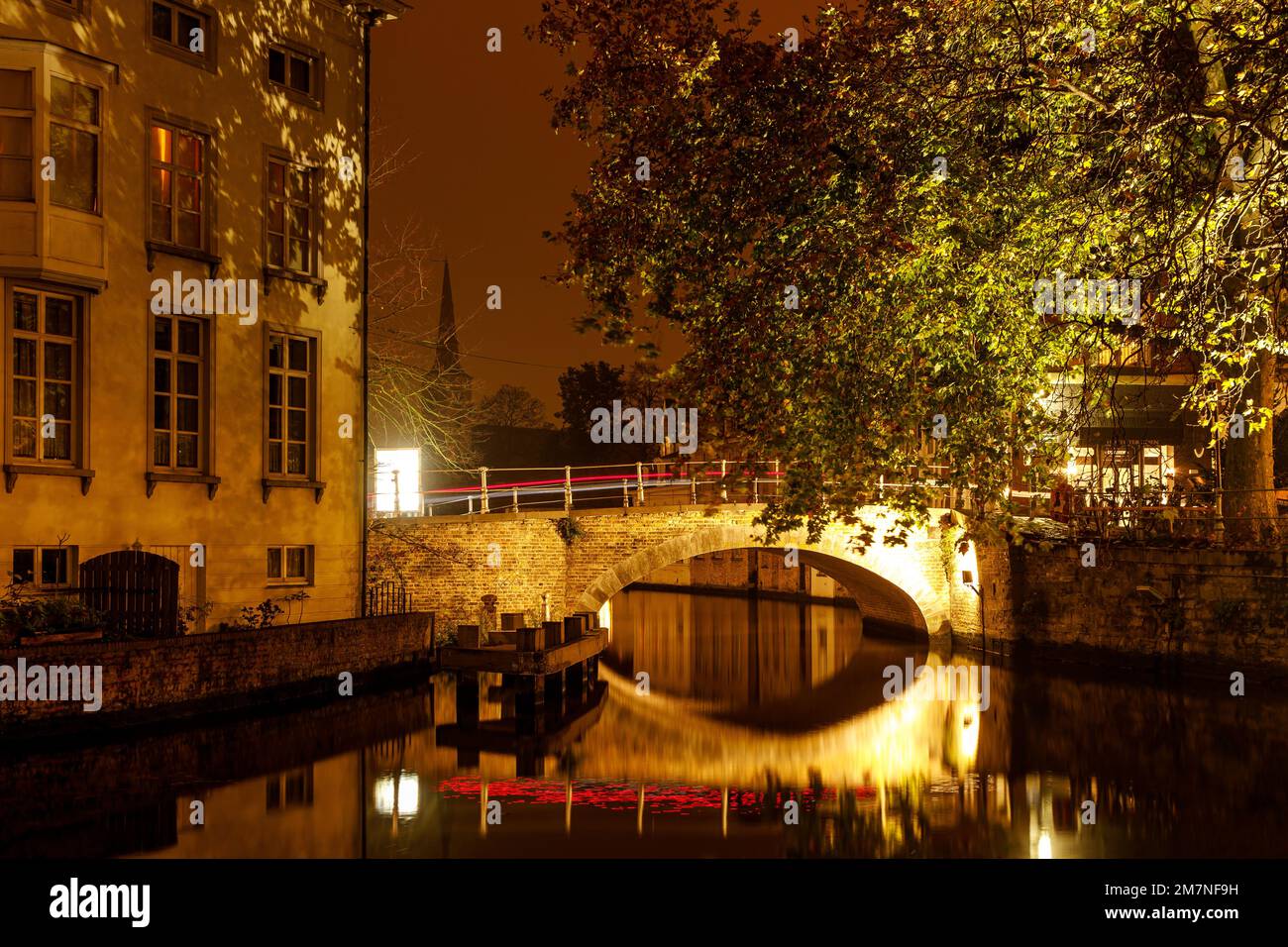 Medieval buildings in Bruges, Belgium old town Brugge illuminated at ...