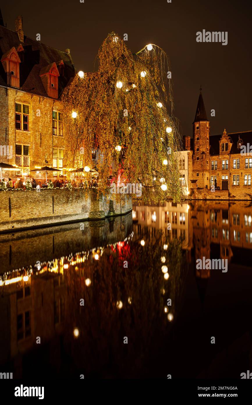 Medieval buildings in Bruges, Belgium old town Brugge illuminated at ...