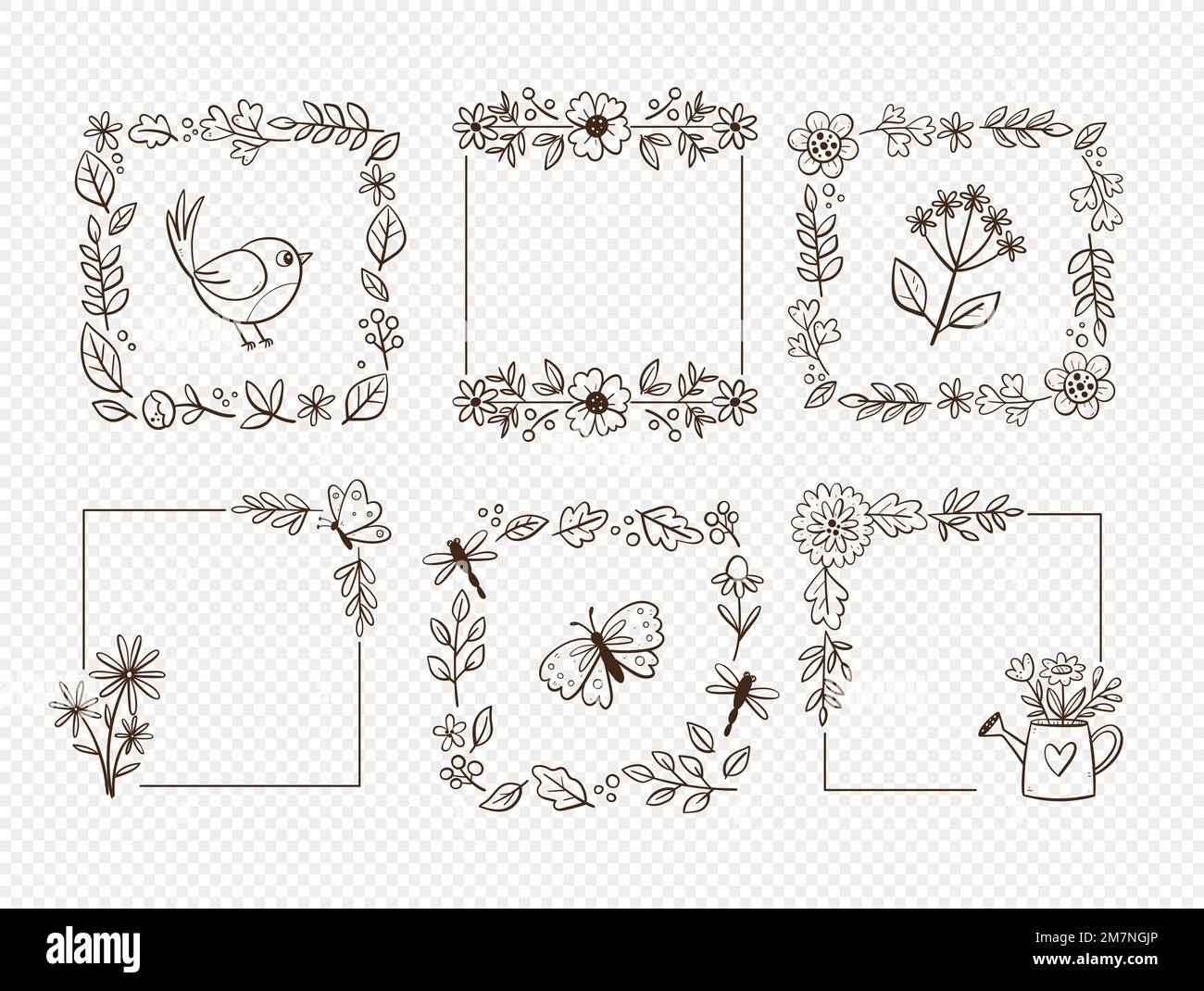 Spring decorative doodle frames. Collection of six cute frames isolated ...