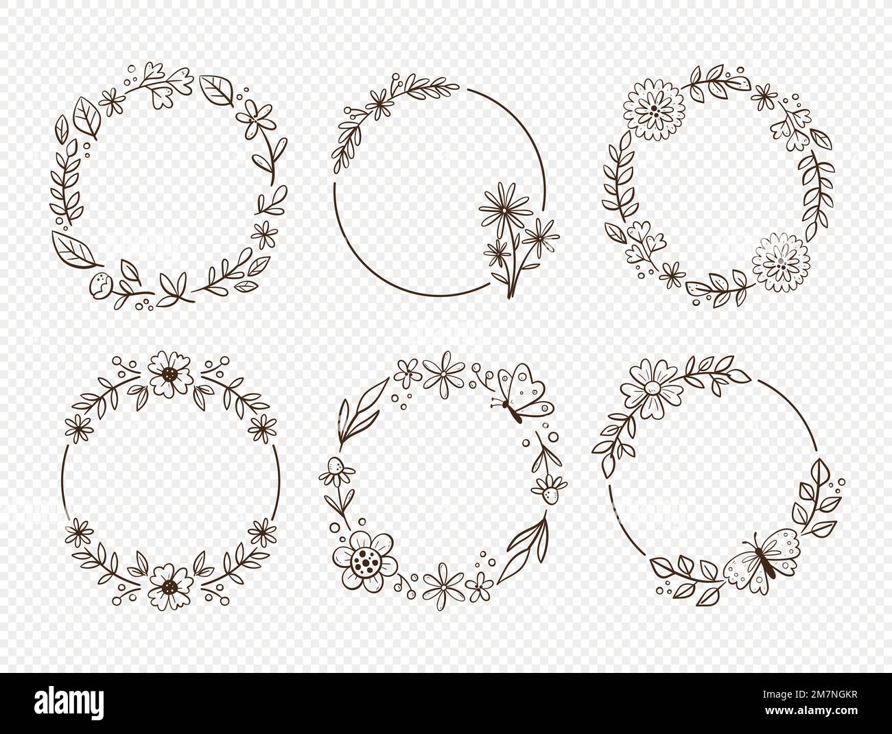 Spring doodle wreath collection. Six seasonal floral decorative wreaths ...