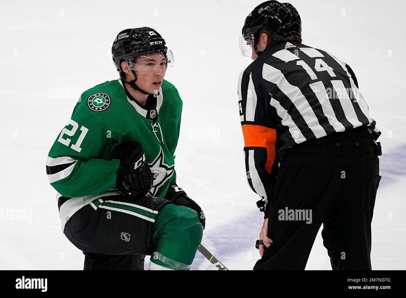 Dallas Stars left wing Jason Robertson (21) talks with referee Trevor ...