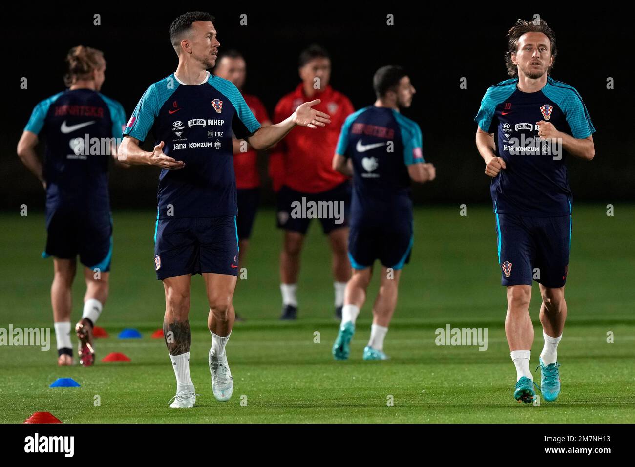 Croatia's Luka Modric, right, and Ivan Perisic, left, with his ...