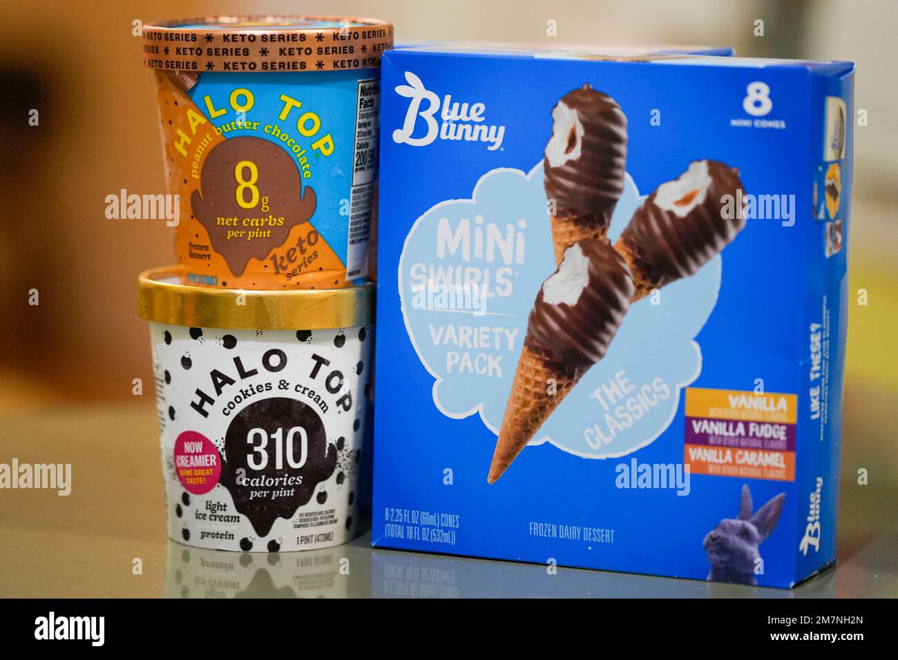 Blue Bunny and Halo Top brand ice cream products are seen in Englewood ...