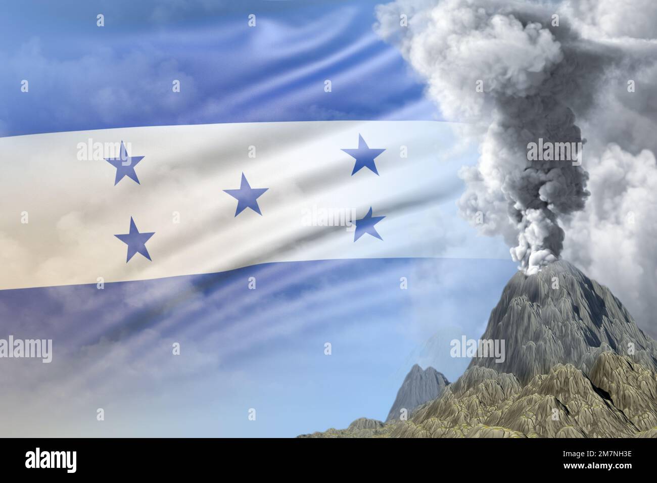 volcano blast eruption at day time with white smoke on Honduras flag ...