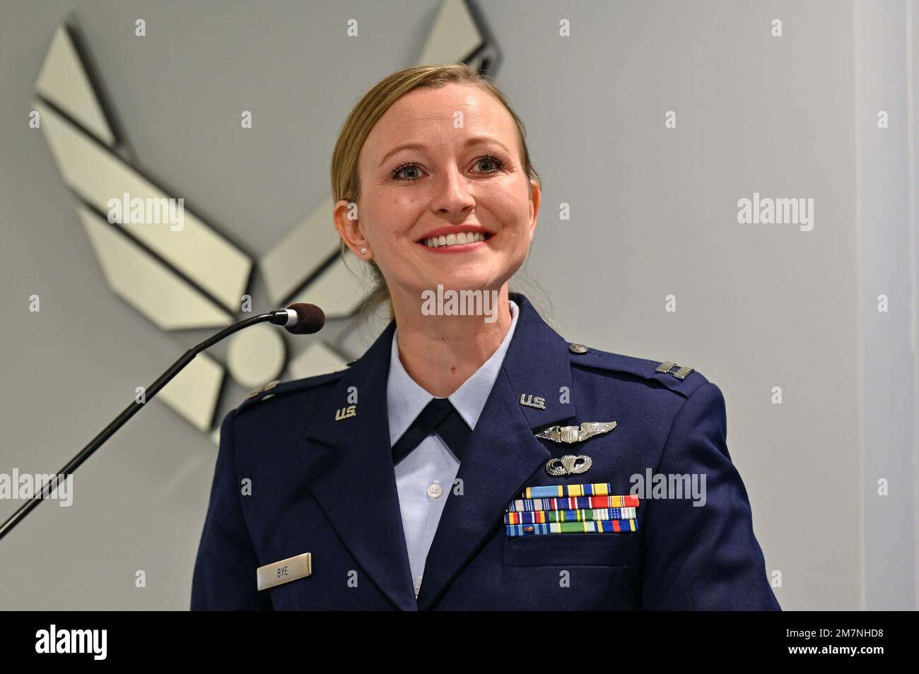 Air Force Capt. Taylor Bye makes remarks during a ceremony at the ...
