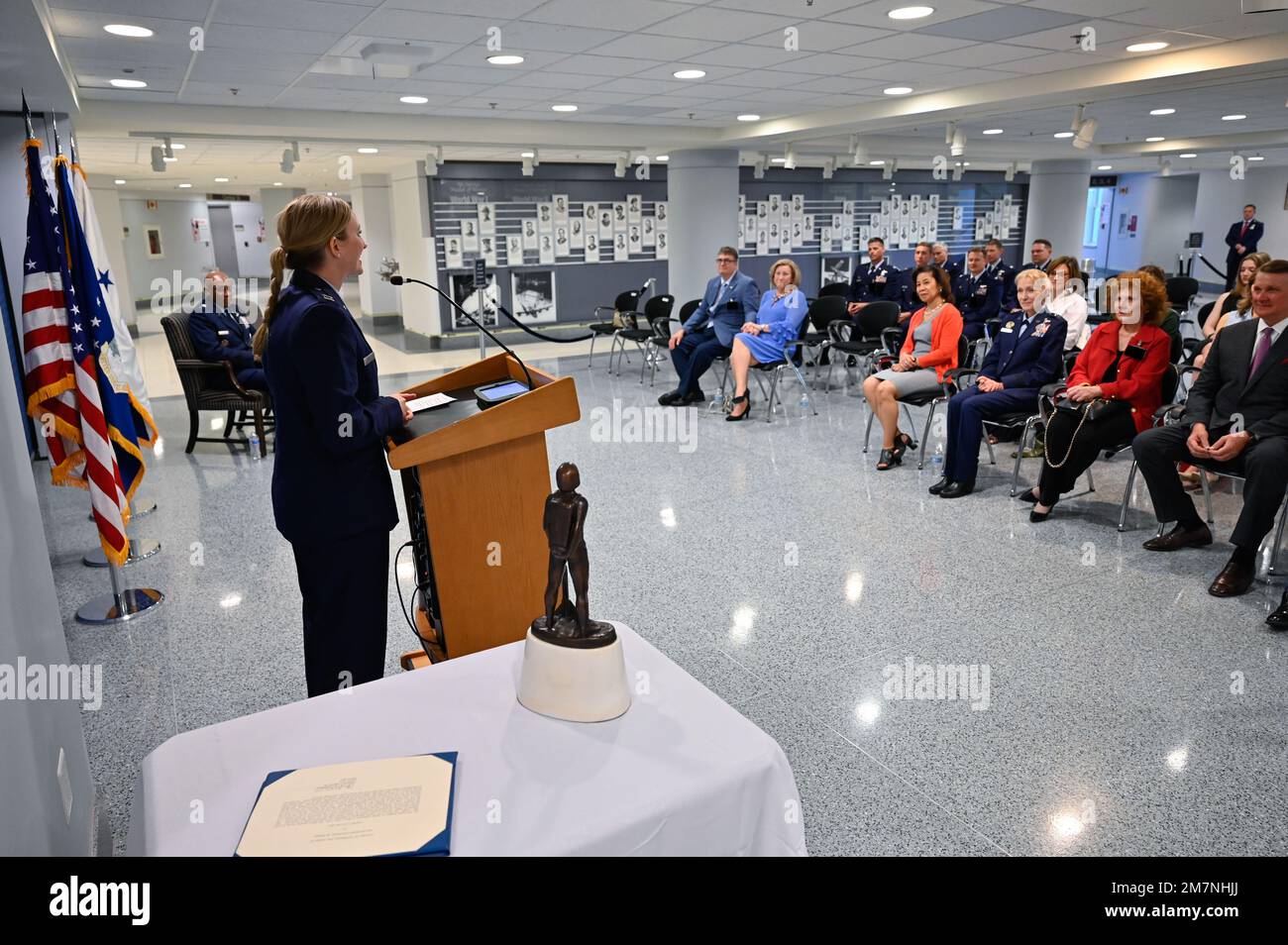 Air Force Capt. Taylor Bye makes remarks during a ceremony at the ...