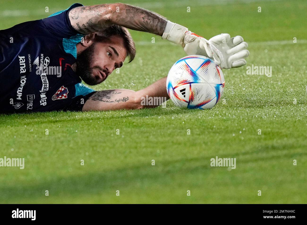 Croatia's goalkeeper Ivica Ivusic warms up during a training session of ...