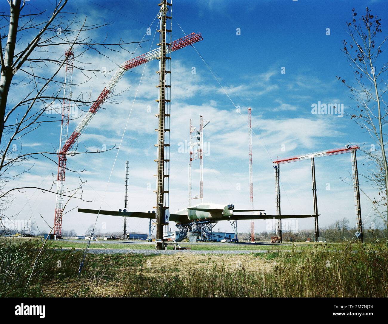 A view of an upside-down B-52 Stratofortress aircraft mounted on a ...