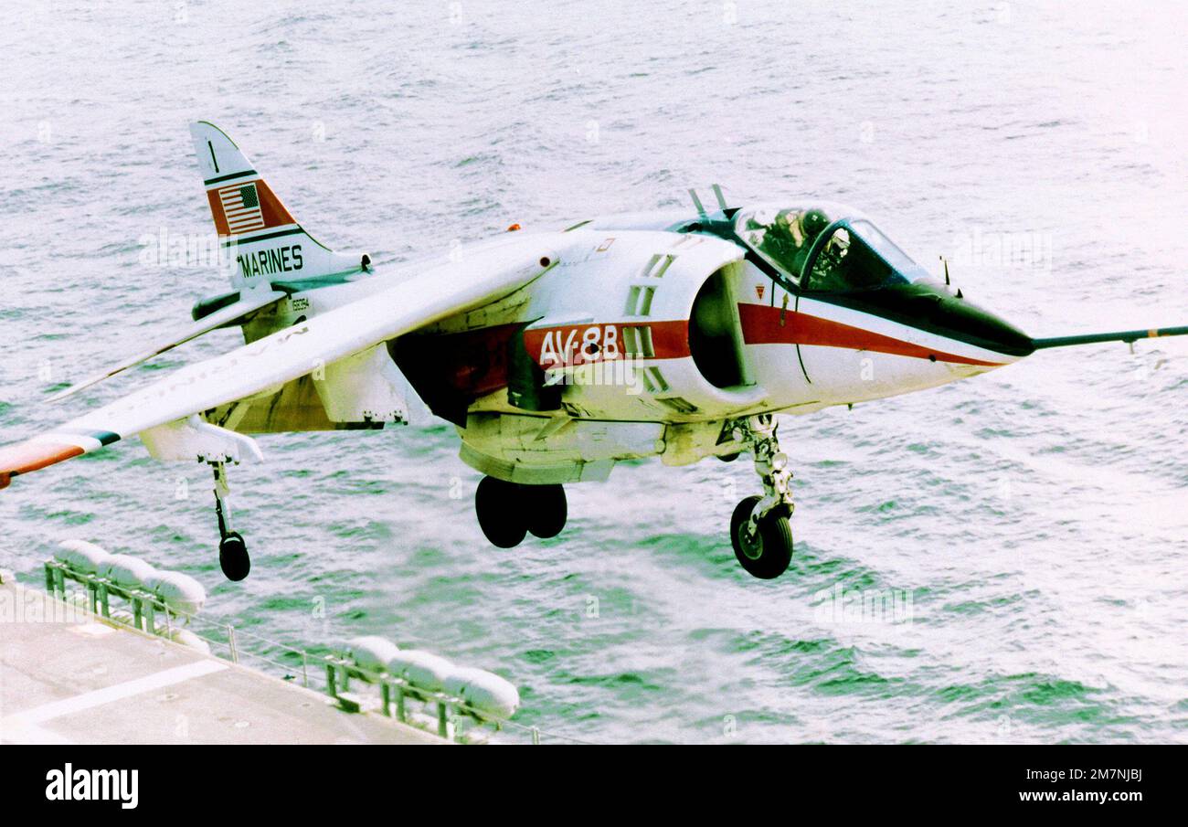 A right front view of a Marine AV-8B Harrier II aircraft as it takes ...