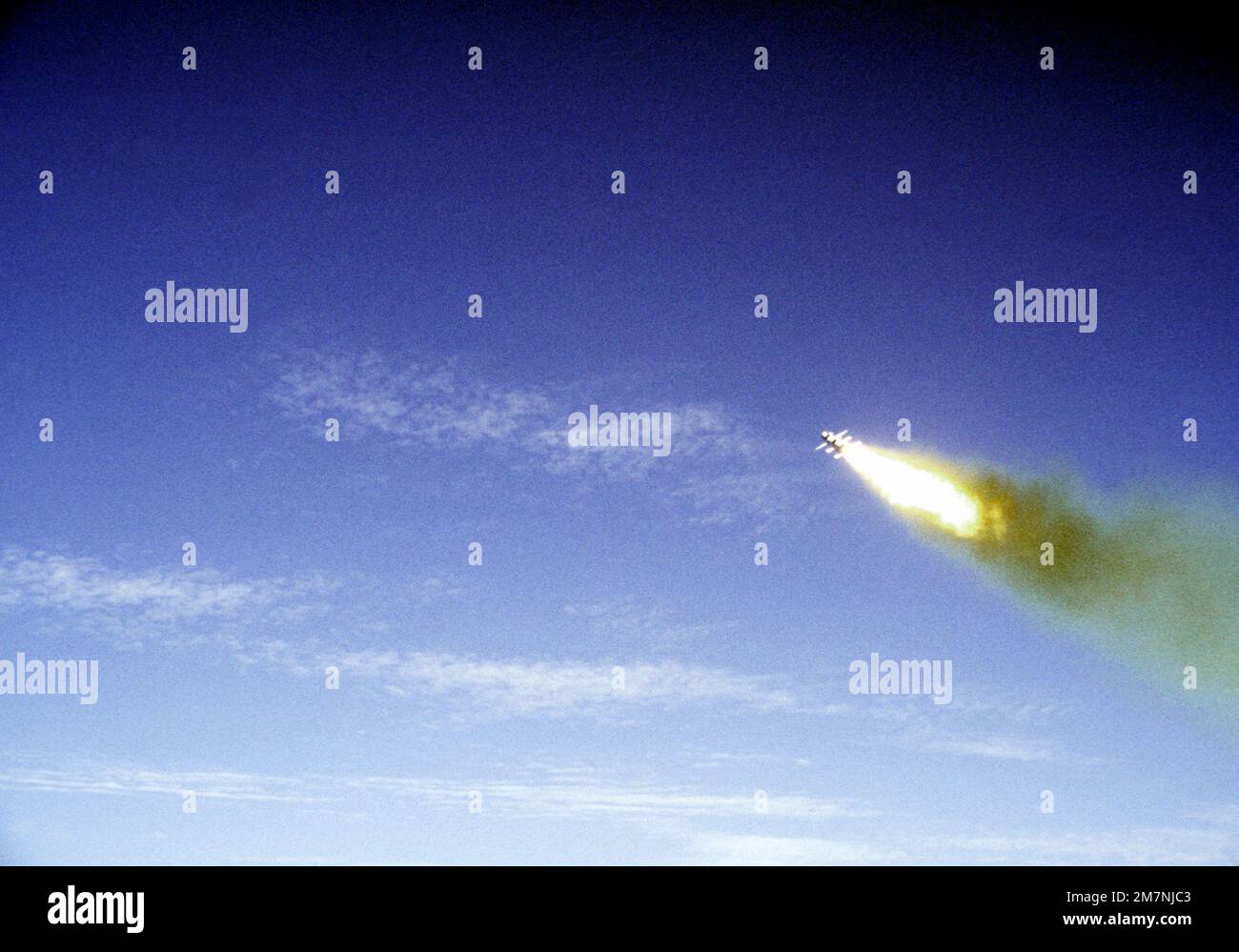 A view of a Talos surface-to-air missile, gaining altitude after being ...