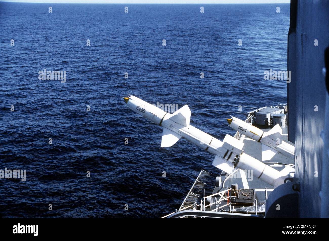 Side view of a Talos surface-to-air missile, prior to firing aboard the ...