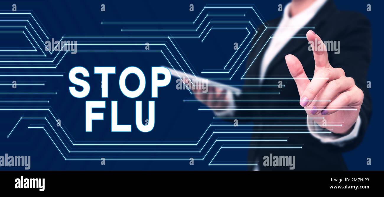 Sign displaying Stop Flu. Business overview Treat the contagious ...