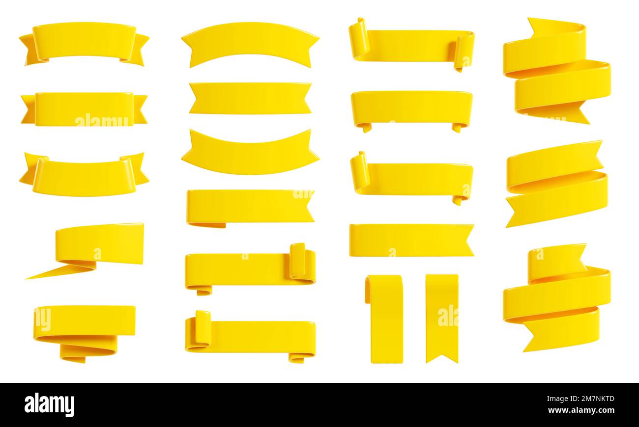 Ribbon banner 3d render set - collection of yellow glossy text box for ...