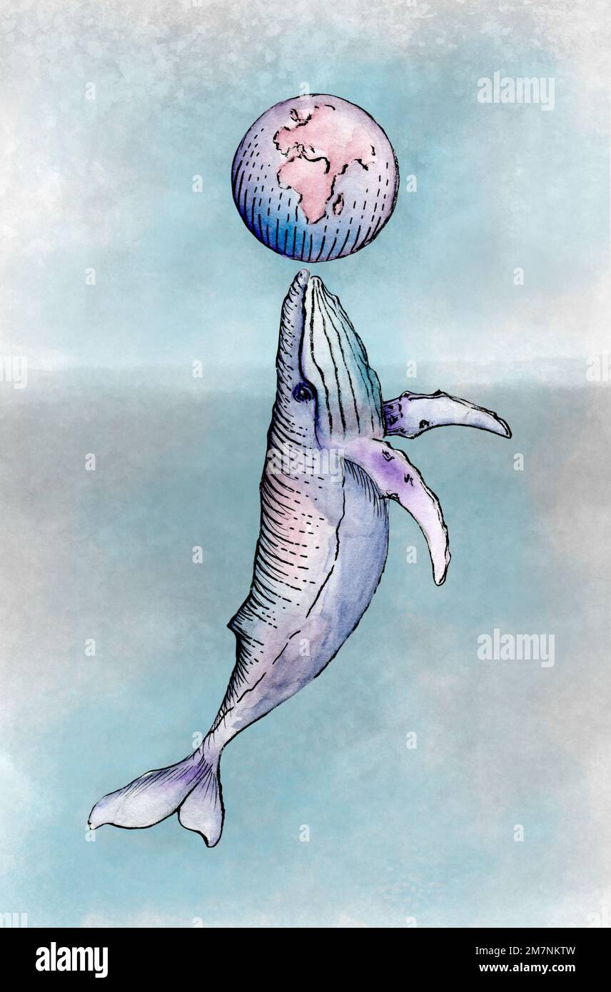 Whale jumping and playing with planet Earth. Watercolor and ink ...