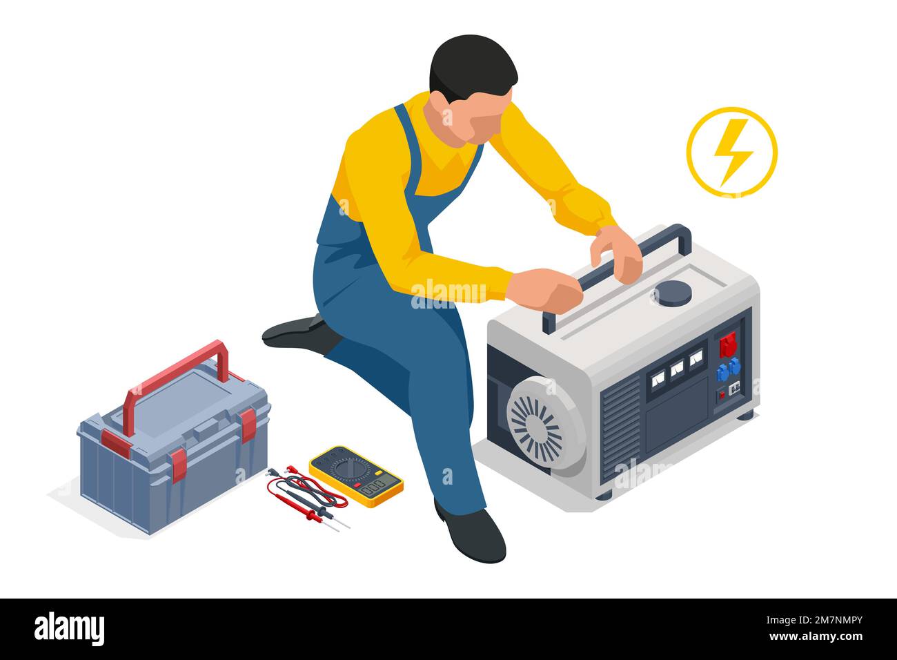 Isometric service engineer repairing or adjusting diesel power ...