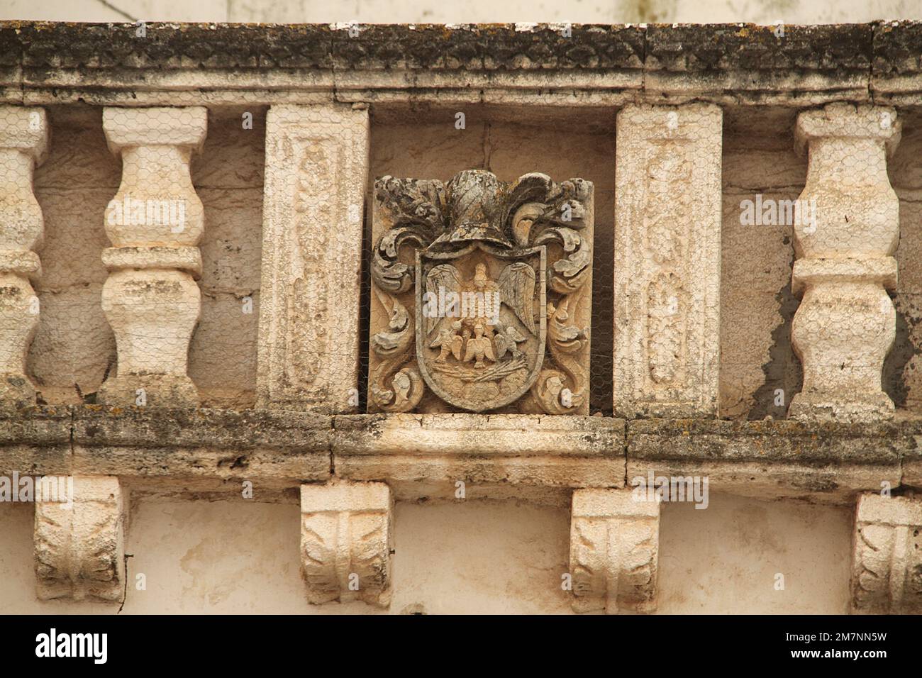 A family coat of arms above the entrance to Palazzo Trianni in Felline ...