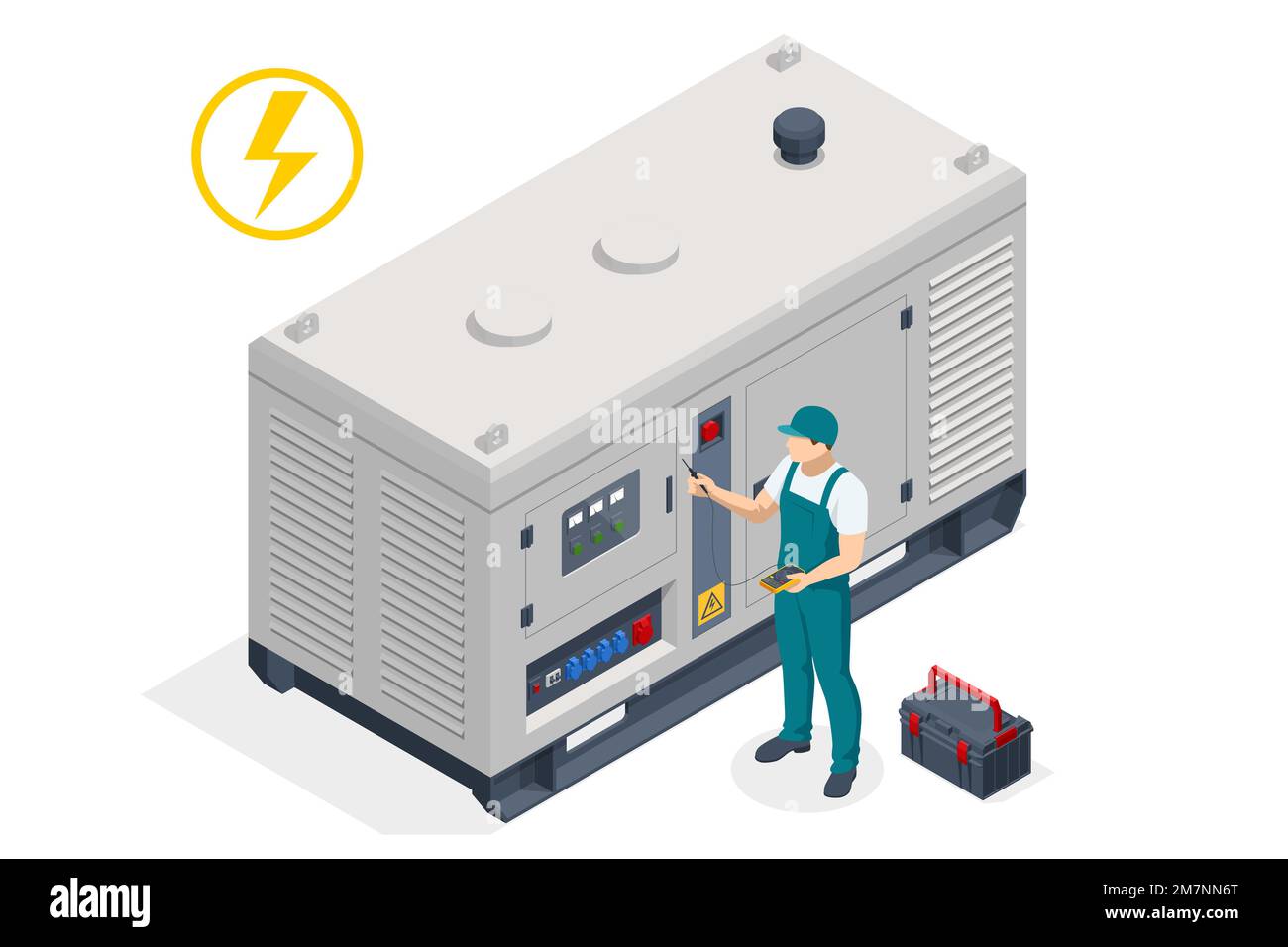 Isometric service engineer repairing or adjusting diesel power ...