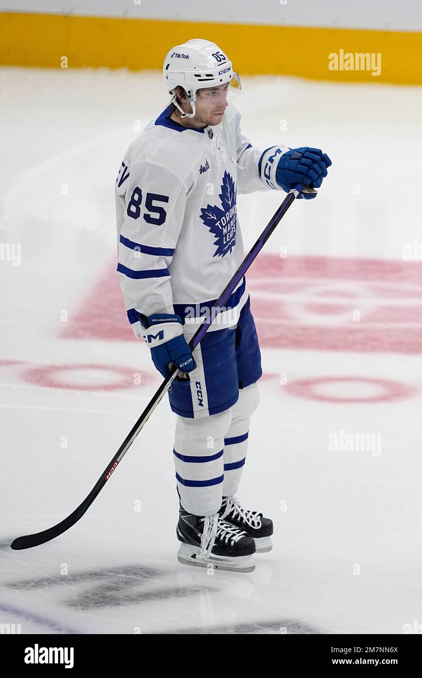 Toronto Maple Leafs center Semyon Der-Arguchintsev (85) skates onto the ...