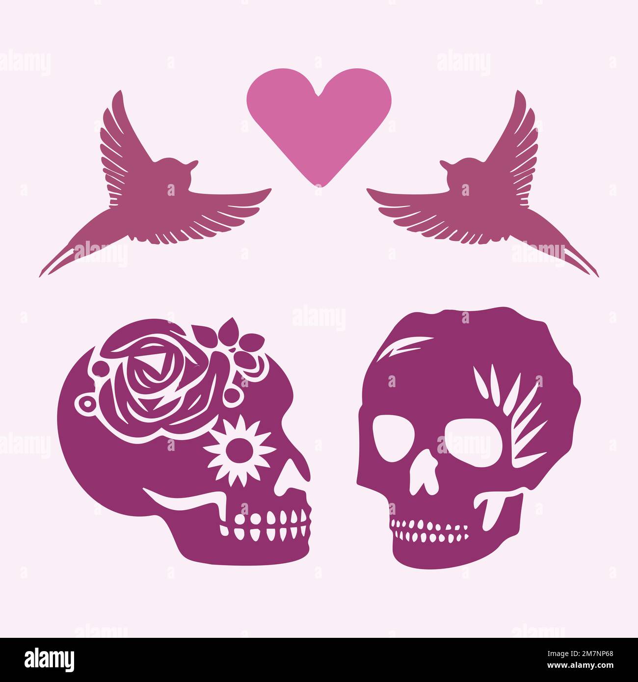 Gothic valentines day skull vector illustration in viva magenta. Tattoo ...