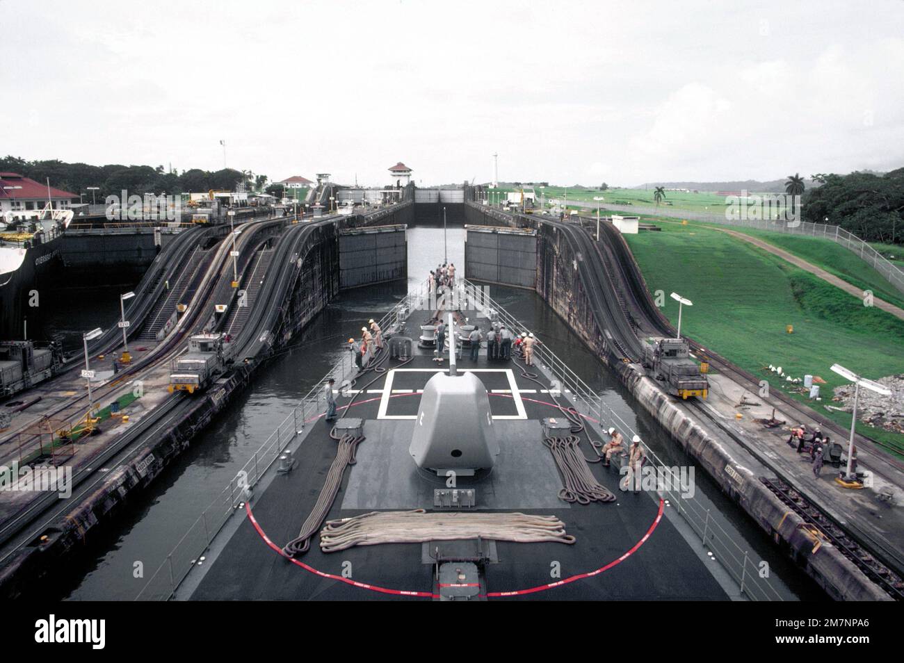 A view of a lock gates opening on the Panama Canal, as seen from the ...