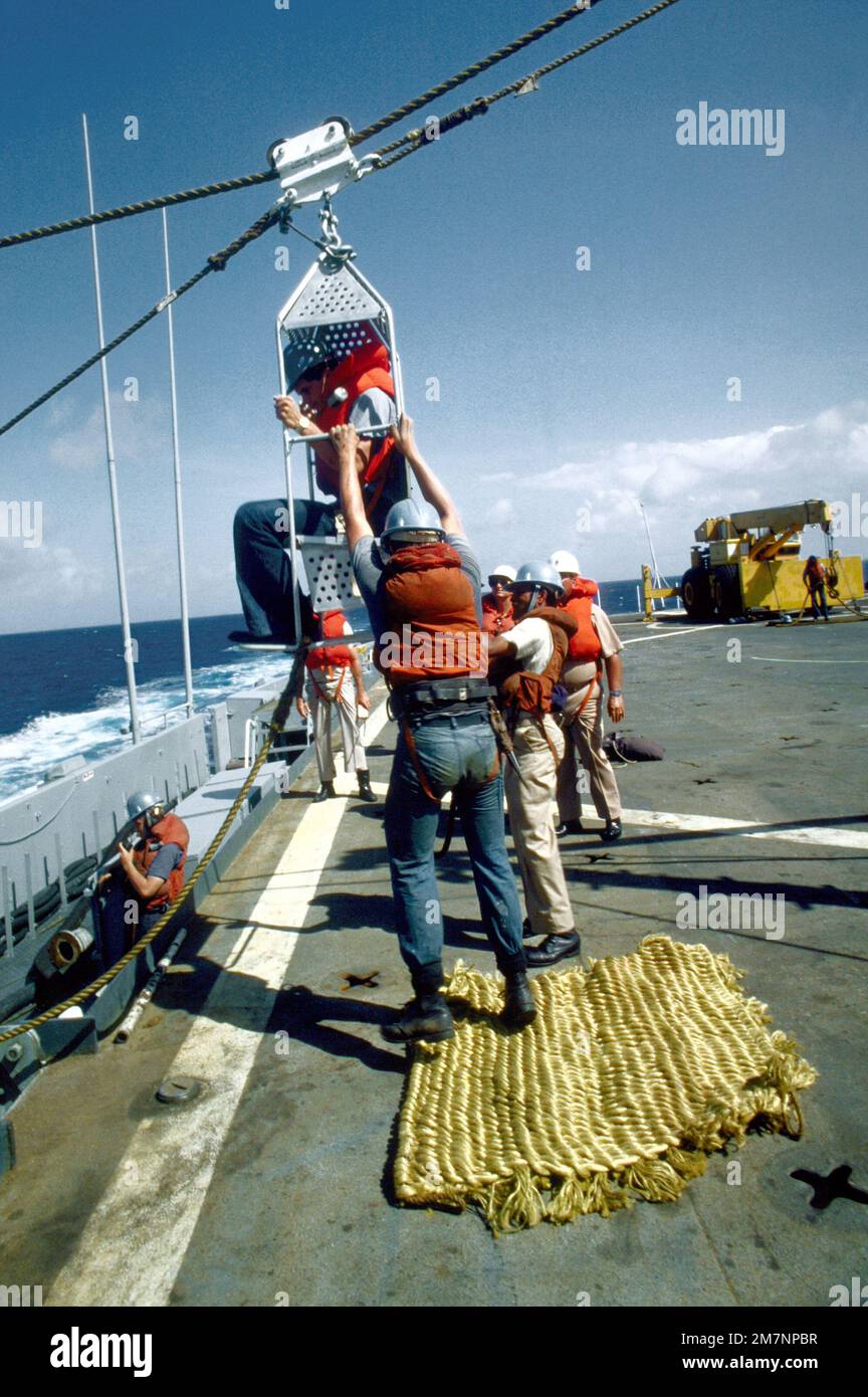 Crewmen aboard the destroyer USS ARTHUR W. RADFORD (DD-968) pull a ...