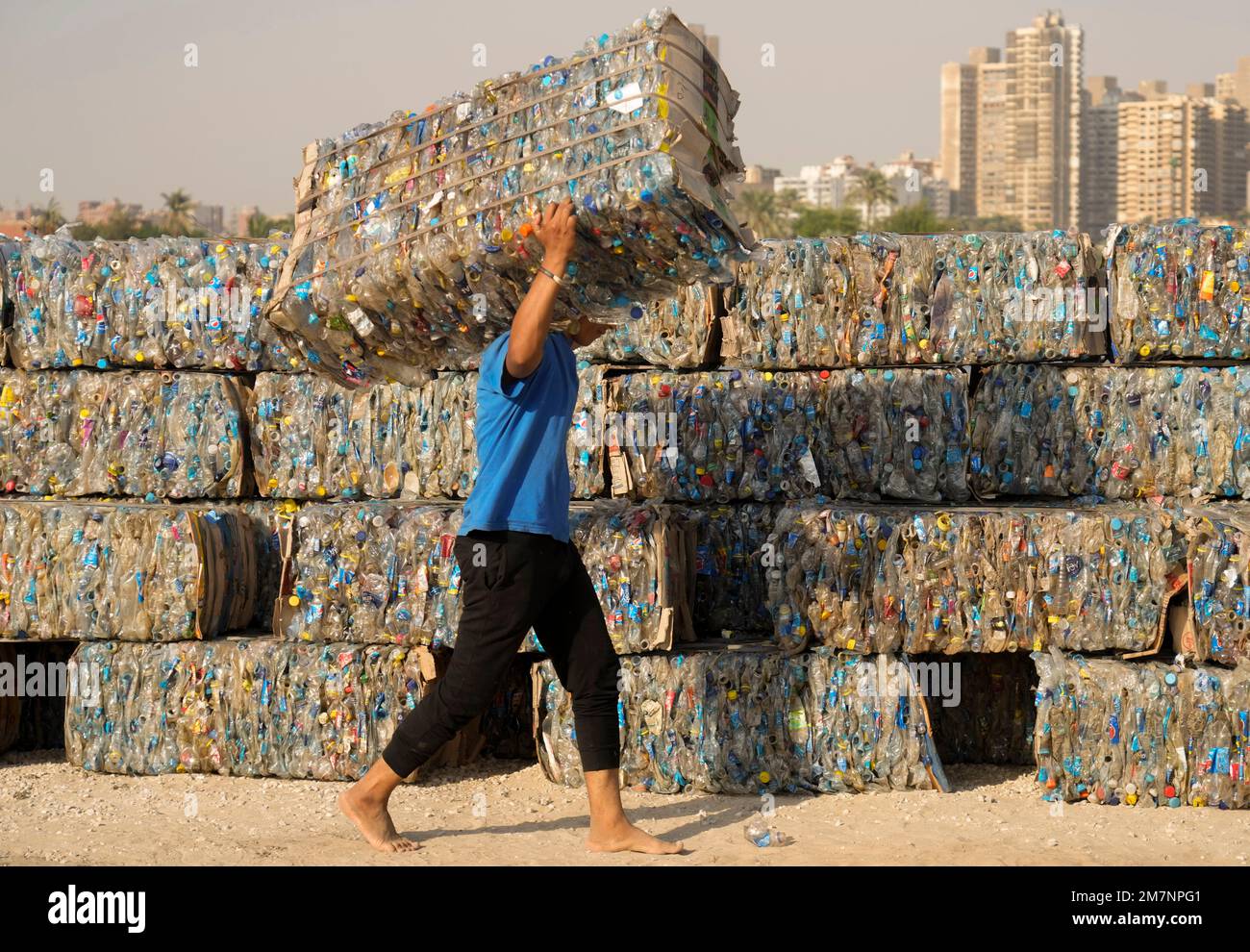 FILE - A "Verynile" initiative worker carries compressed plastic ...