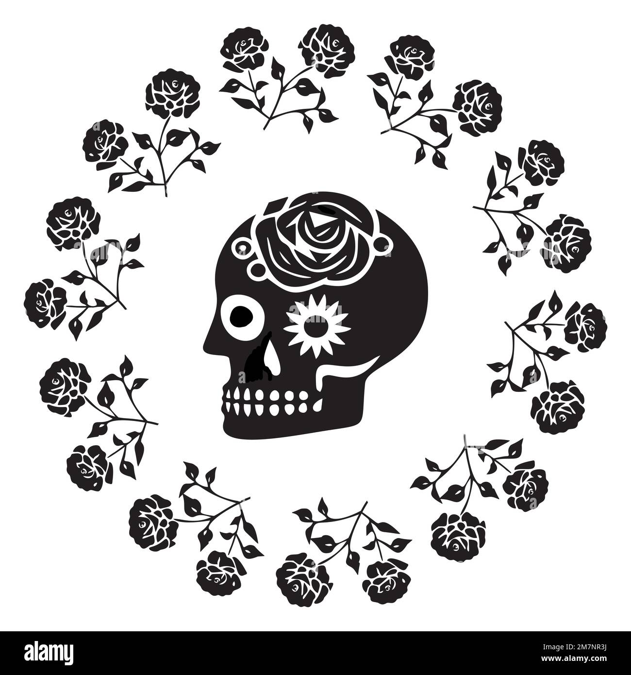 Valentines day skull love tattoo graphic. Vector floral skeleton Stock ...