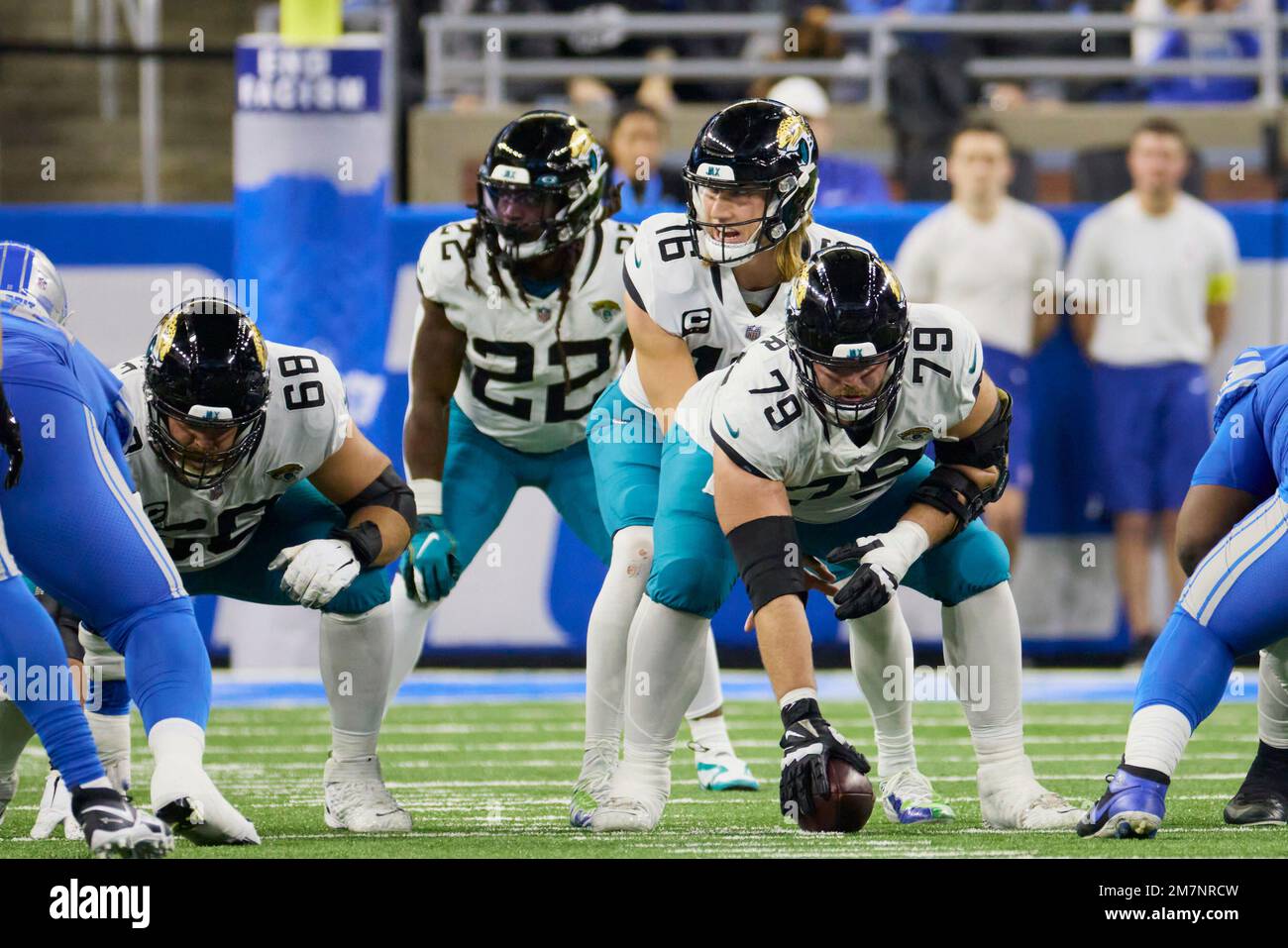 Jacksonville Jaguars center Luke Fortner (79) gets set on offense ...