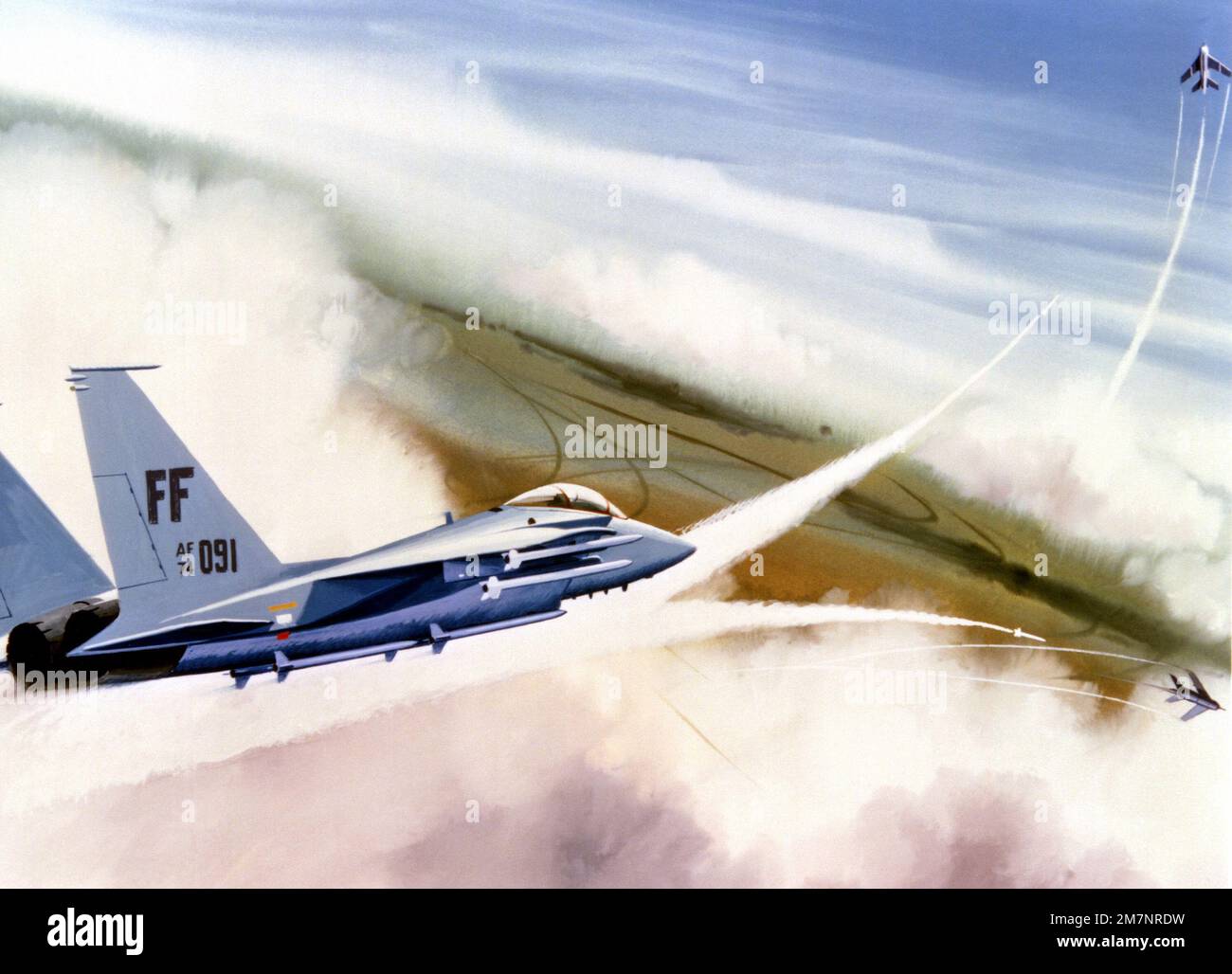 Artist's concept of an F-15 Eagle aircraft firing advanced medium range ...