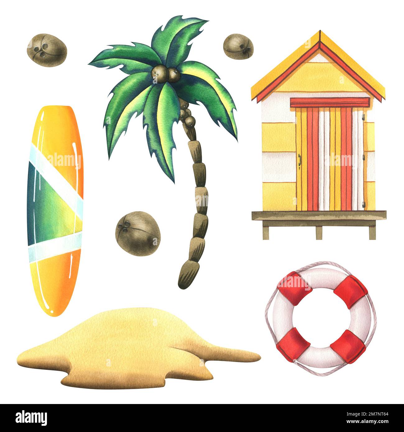 A wooden beach house with a surfboard, a coconut palm, a lifebuoy and a ...