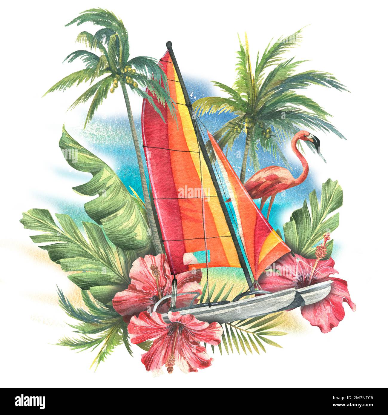 A bright marine, orange sailboat, catamaran with tropical leaves and ...