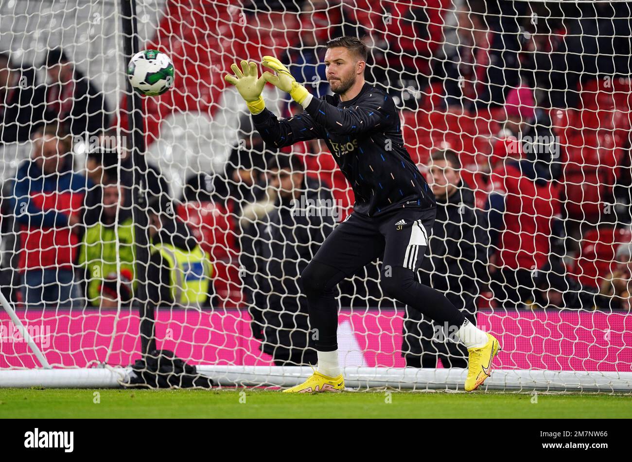 Manchester United goalkeeper Jack Butland warms up before the Carabao ...