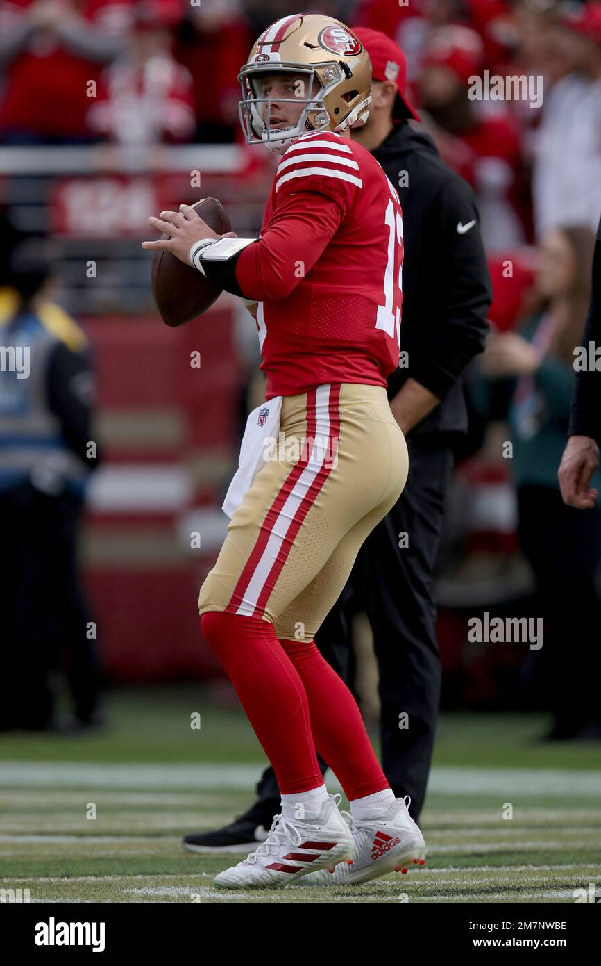 San Francisco 49ers quarterback Brock Purdy (13) warms up before an NFL ...