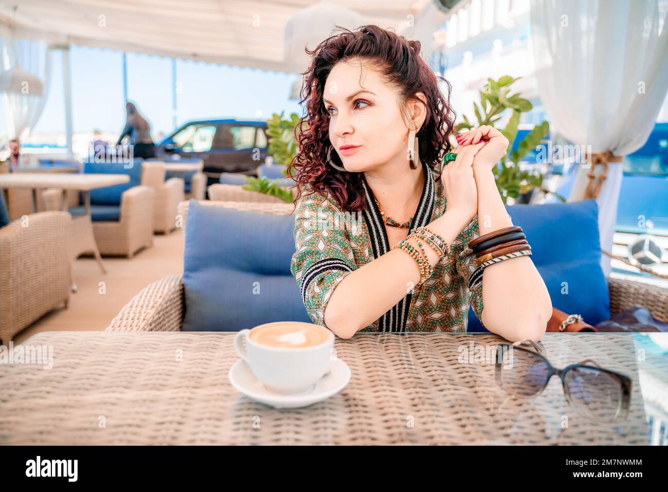 Portrait of an adult beautiful woman in an elegant suit in a cafe Stock ...