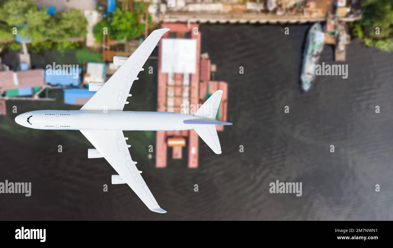 plane flies above the landscape. Side view of aircraft. Travel and ...