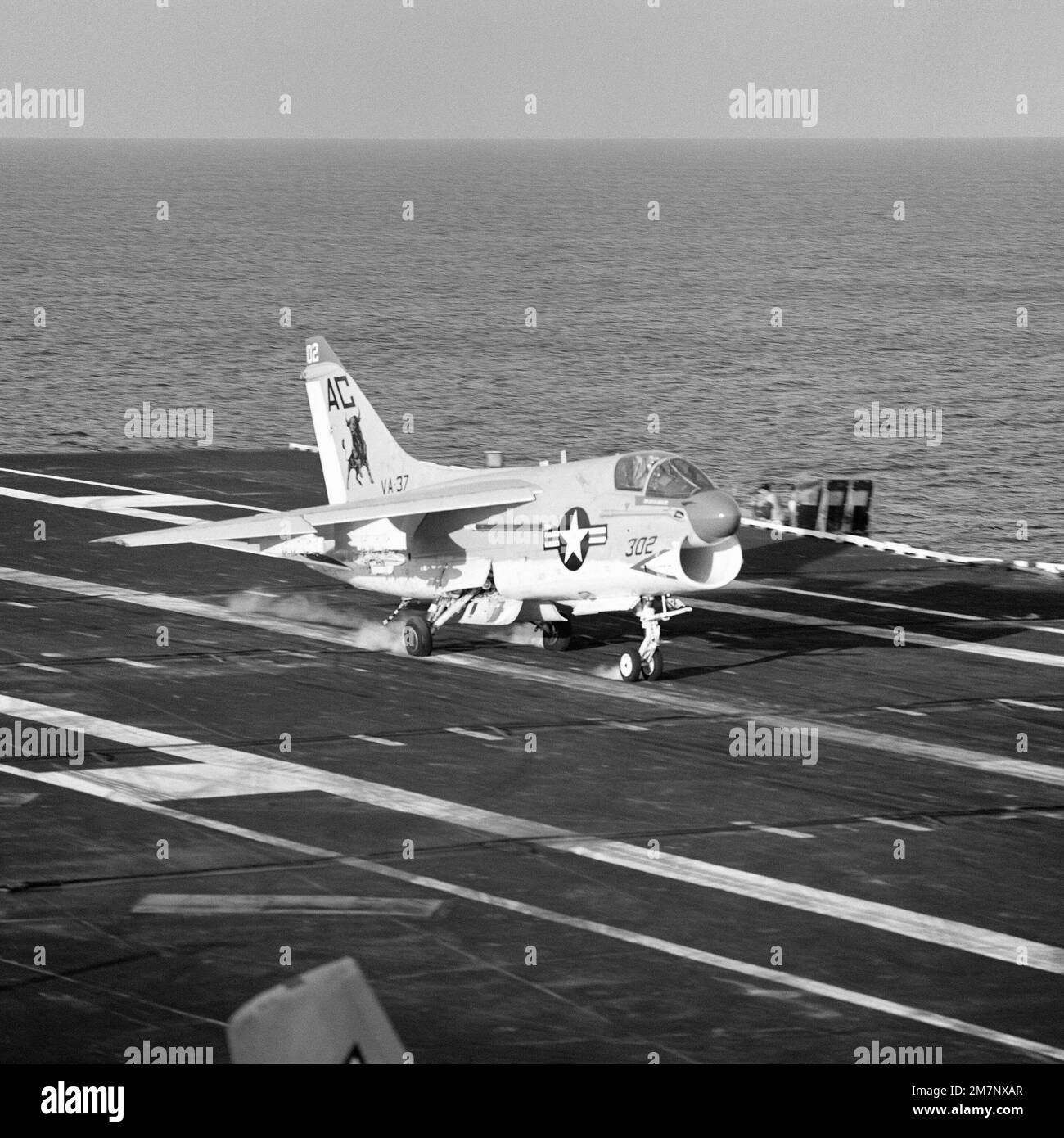 A right front view of a Medium Attack Squadron 37 (VA-37) A-7E Corsair ...