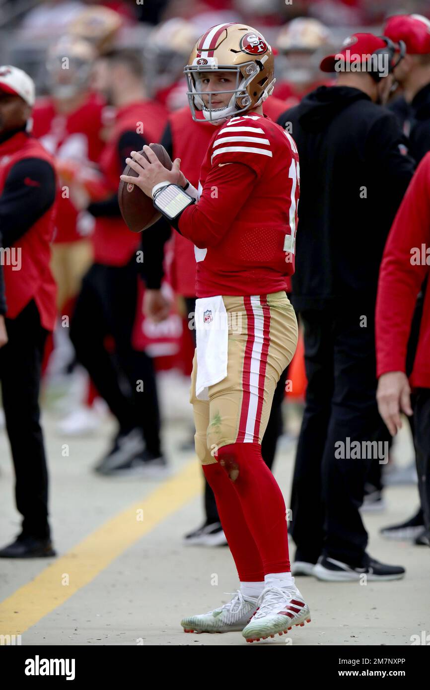 San Francisco 49ers quarterback Brock Purdy (13) throws on the sideline ...