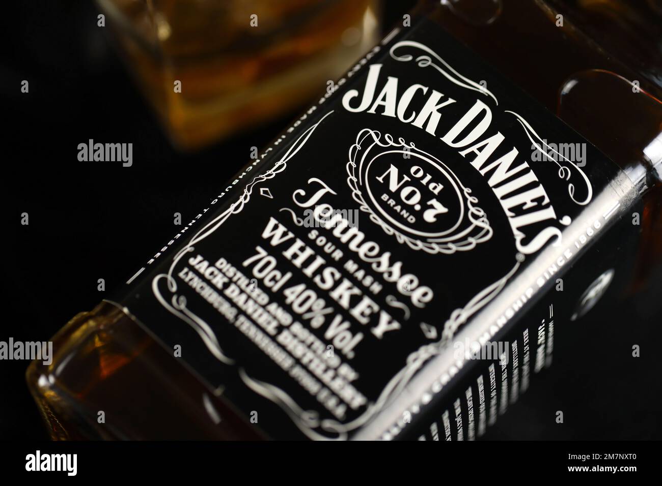 KYIV, UKRAINE - MAY 4, 2022 Jack Daniels original alcohol bottle on ...