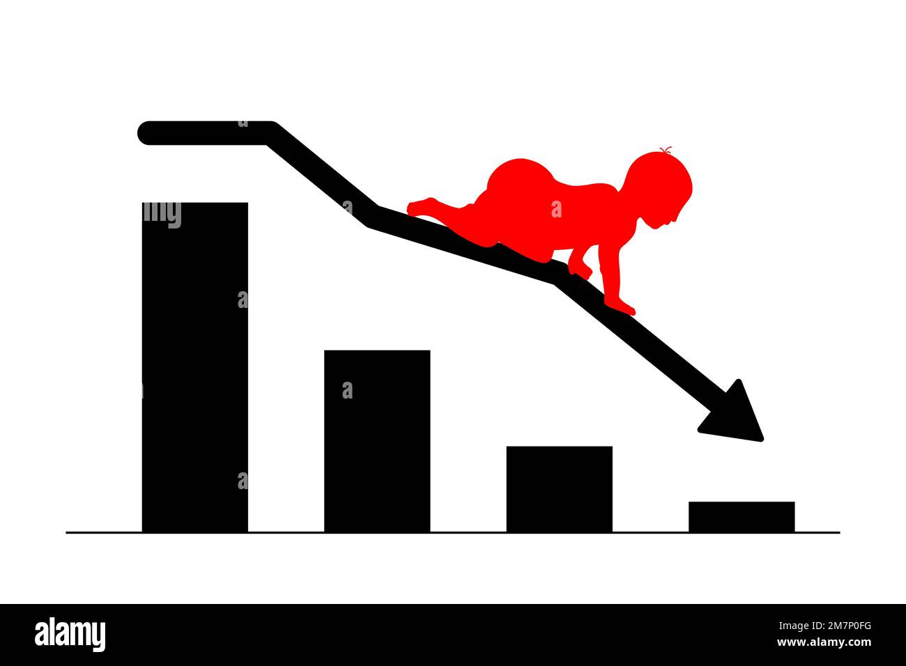 Birth rate decreasing and declining concept. Demographic decline icon. baby crawling down a ...