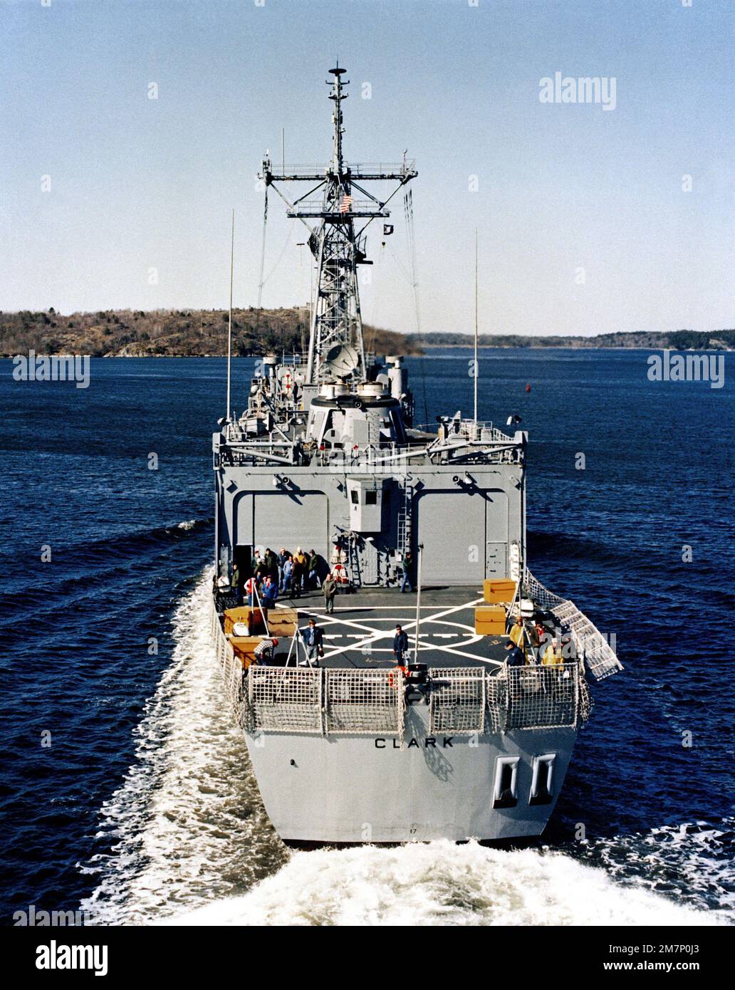 Aerial stern view of the guided missile frigate USS CLARK (FFG-11 ...