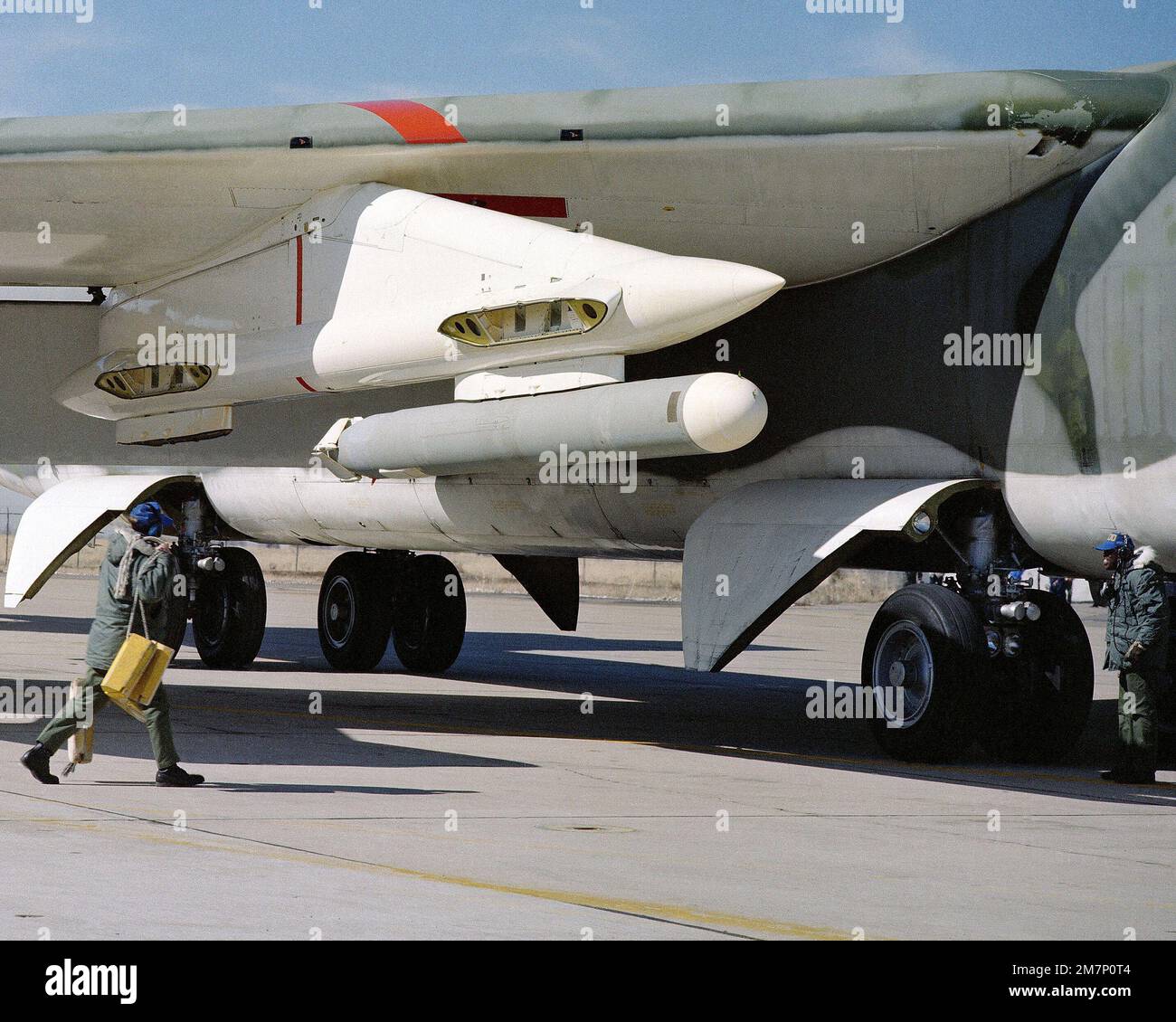 A front view of an AGM-109 Tomahawk air-launched cruise missile mounted ...
