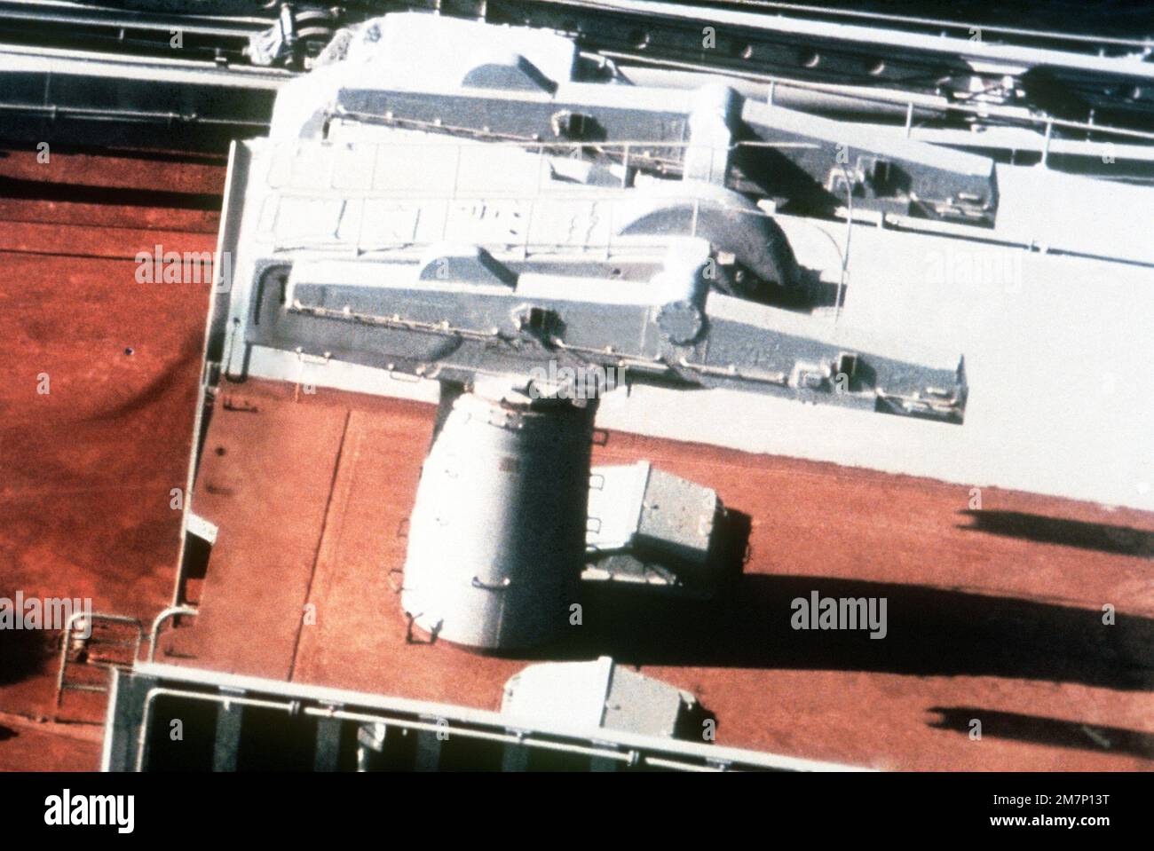 A view of a twin arm SAN-3 missile launcher aboard the Soviet aircraft ...