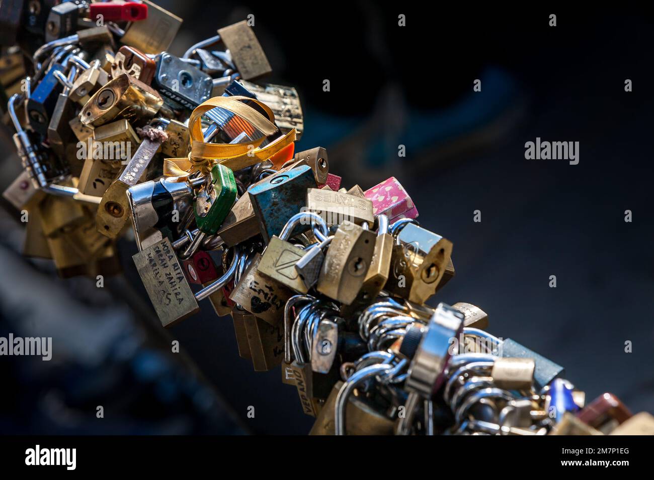 Love Locks, padlocks attached to the chain along the Arno River ...