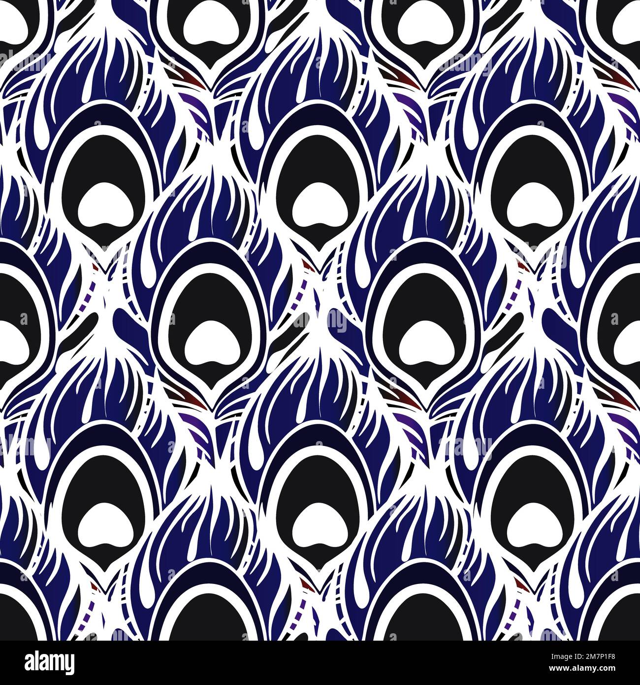 seamless symmetrical pattern of peacock feathers in blue colors and ...